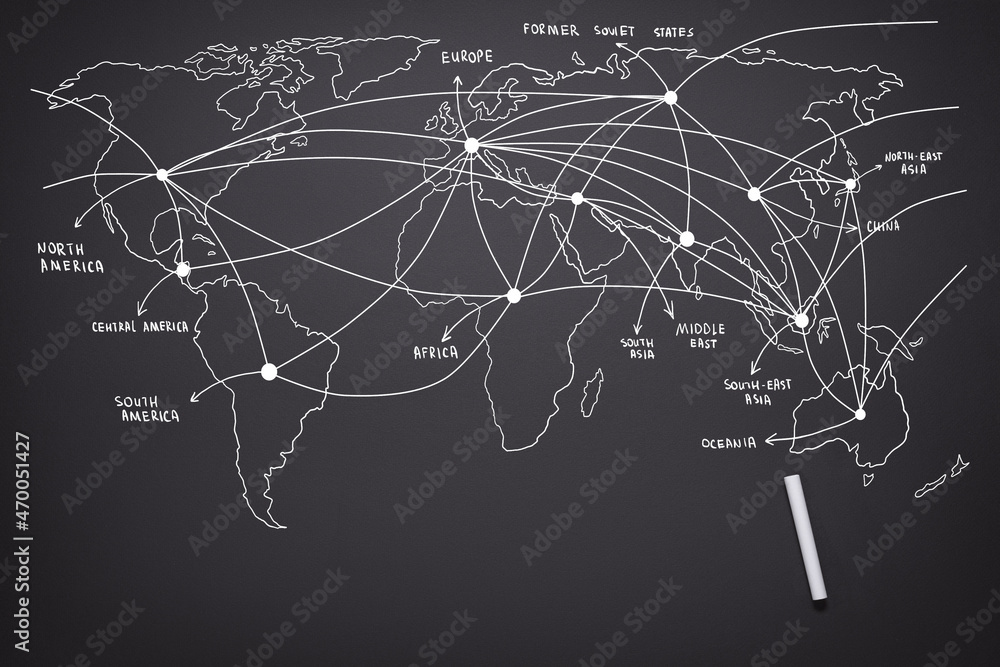 world map drawn in chalk with the connection of continents ...