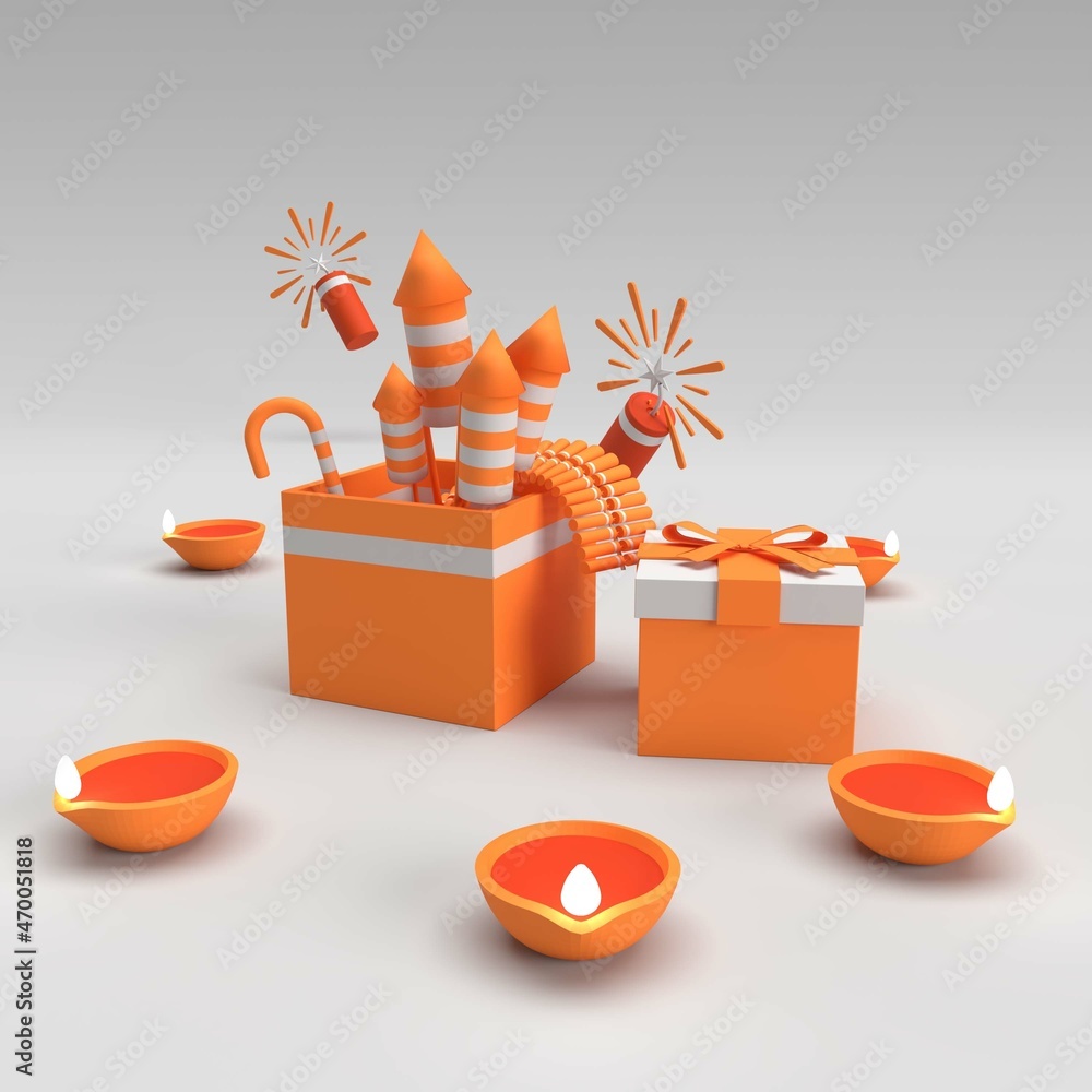 Diwali fireworks in 3d render with diya lamp Stock Illustration | Adobe ...
