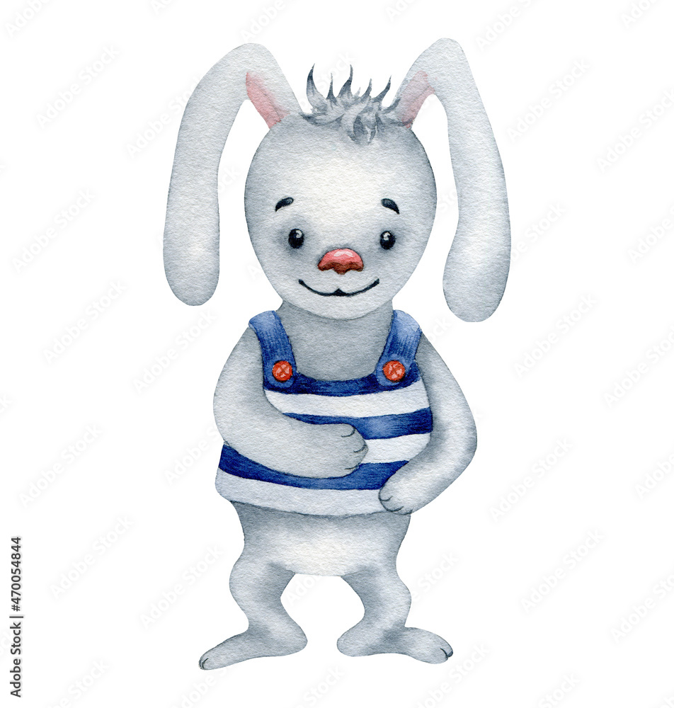 Watercolor illustration with cartoon standing bunny isolated on the ...