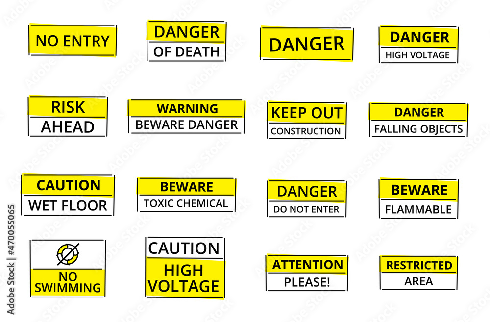 Danger warning sign set. Caution signpost. Vector. Attention ...