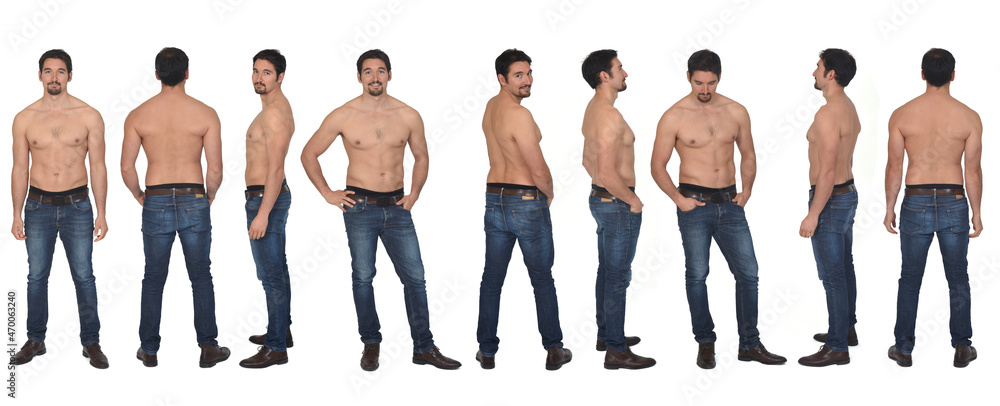 front, back and side view same man shirtless on white background Stock ...