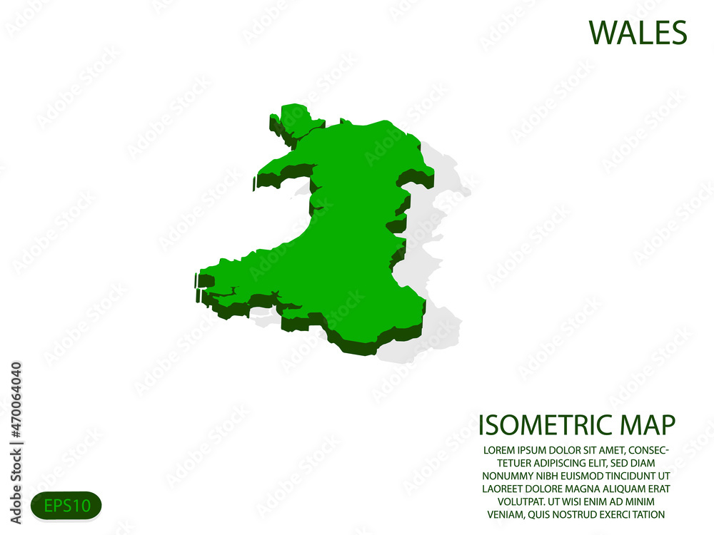 Green isometric map of Wales elements white background for concept map ...