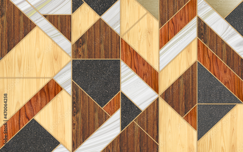 3d modern mural wallpaper. golden lines and squares and wood texture ...
