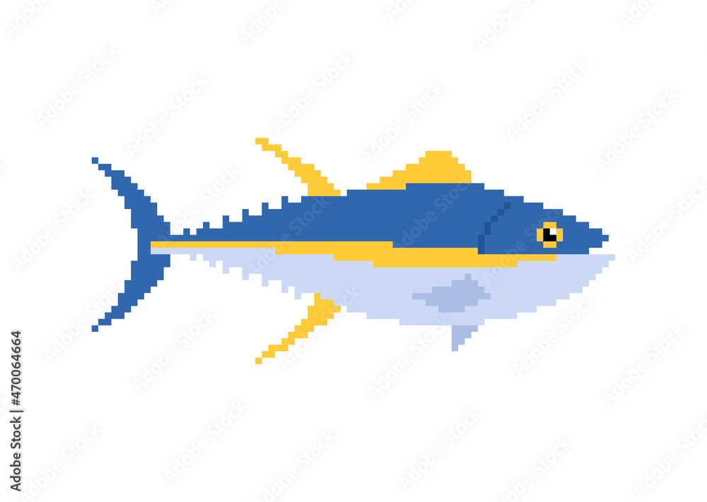 Tuna pixel art. pixelated tunny Seafood fish. 8 bit vector illustration ...