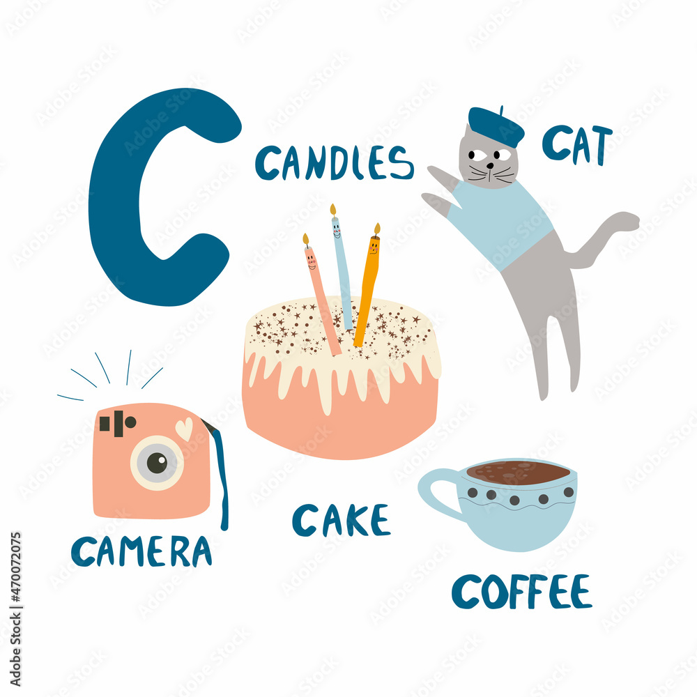 Cute and colorful alphabet letter C with set of illustrations and words ...