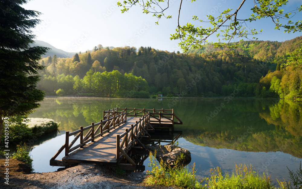 Borcka Karagol ( Black Lake ) morning sun. Calm lake and nature view in ...