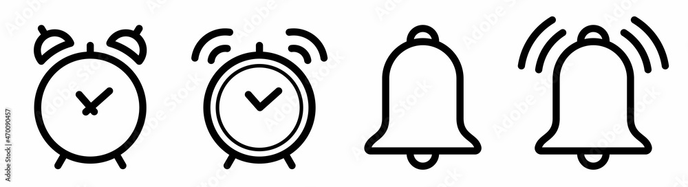 Set alarm clock and bell icon. Bell Icon isolated. Line style clock ...