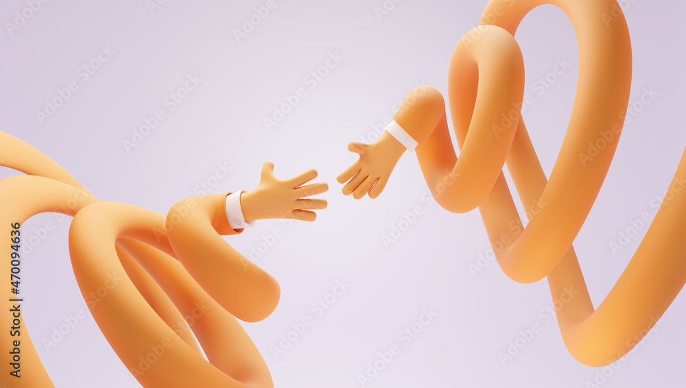 Two long cartoon hands in funny swirl reaching to each other, 3d render ...