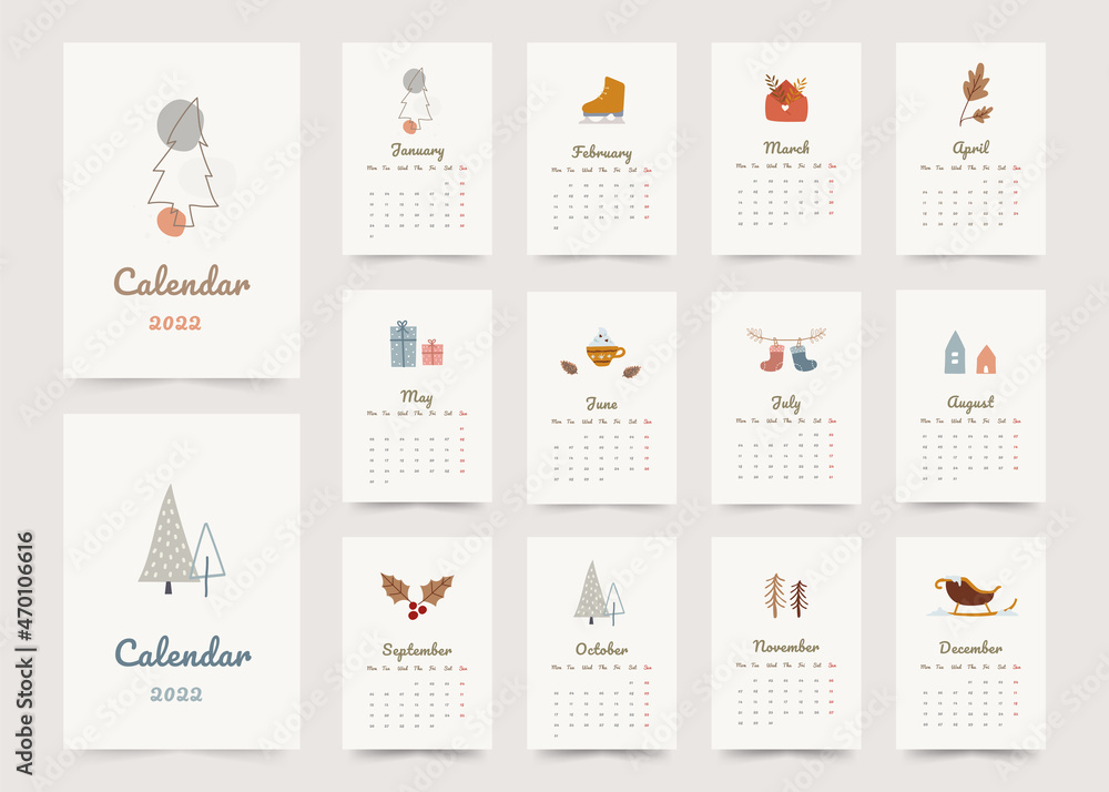 Winter theme printable yearly planner calendar with all months. Stock ...