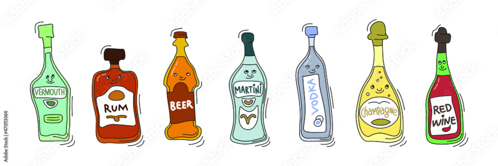 Vermouth, rum, beer, martini, vodka, champagne, red wine with smile on ...