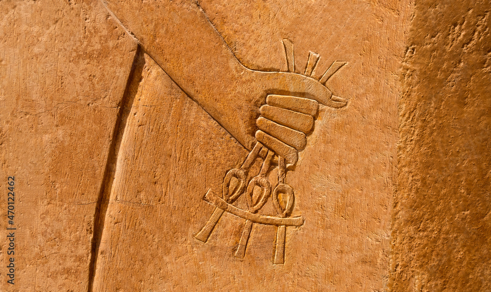 Relief of Hand holding Ankhs at Hatshepsut Temple . Luxor . Egypt ...