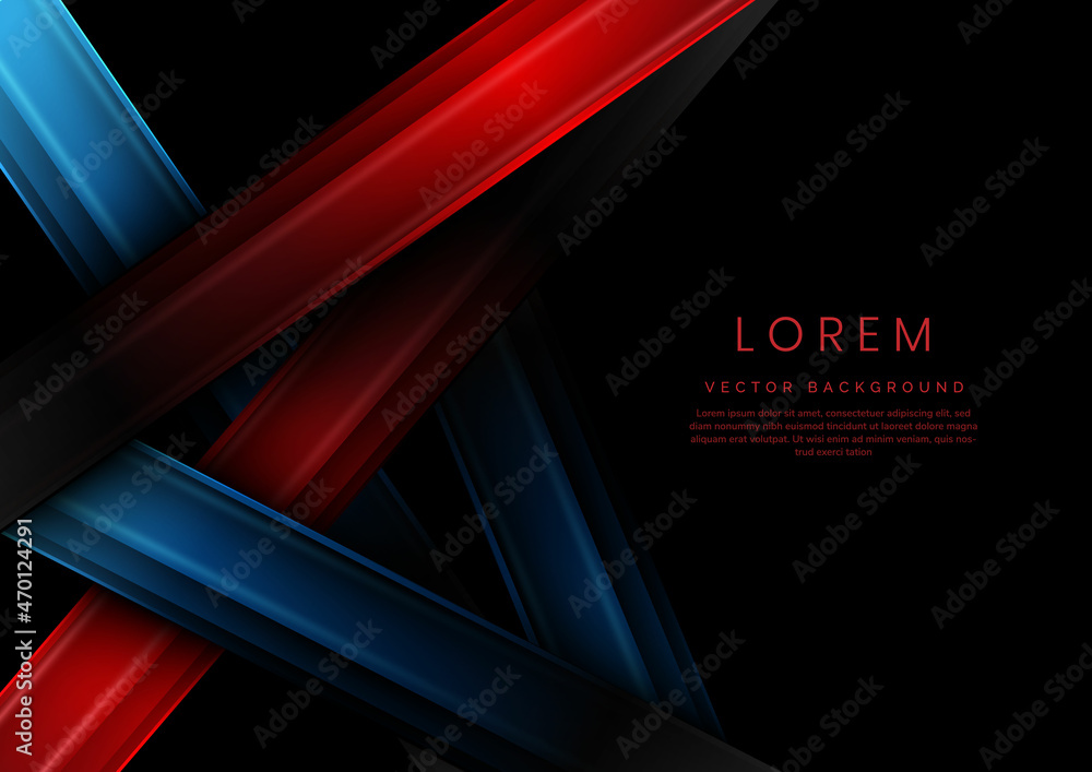 Abstract red and blue gradient geometric diagonal overlapping on black ...