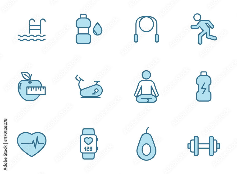 fitness line vector icons in two colors isolated on white background ...