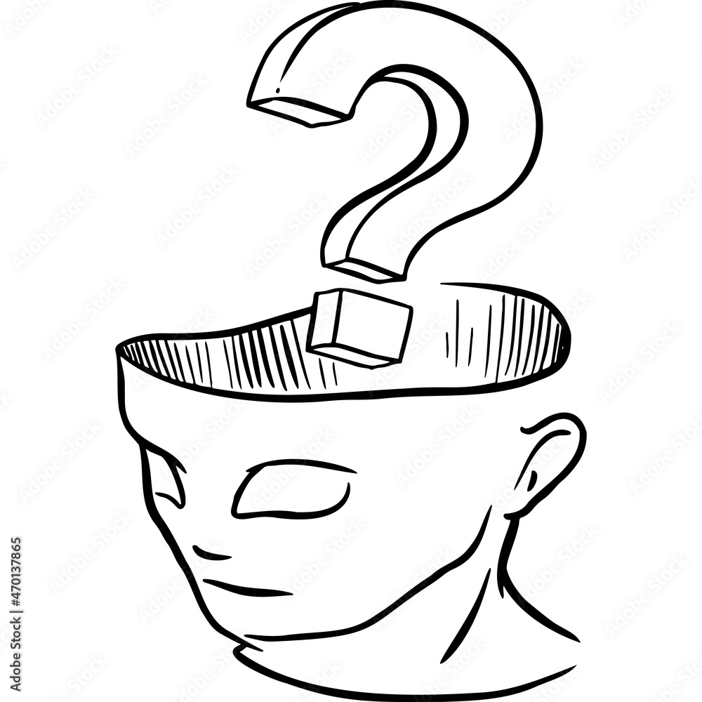 Human head without the top of which a three-dimensional question mark ...