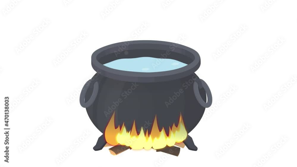 Cauldron on a fire. Animation of boiling water in a bowl, alpha channel ...