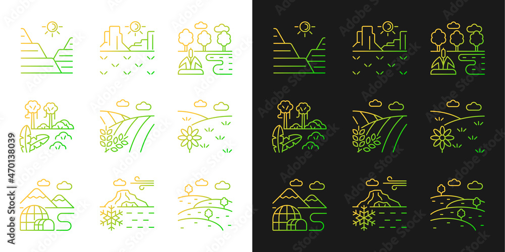 Biomes and landforms gradient icons set for dark and light mode ...
