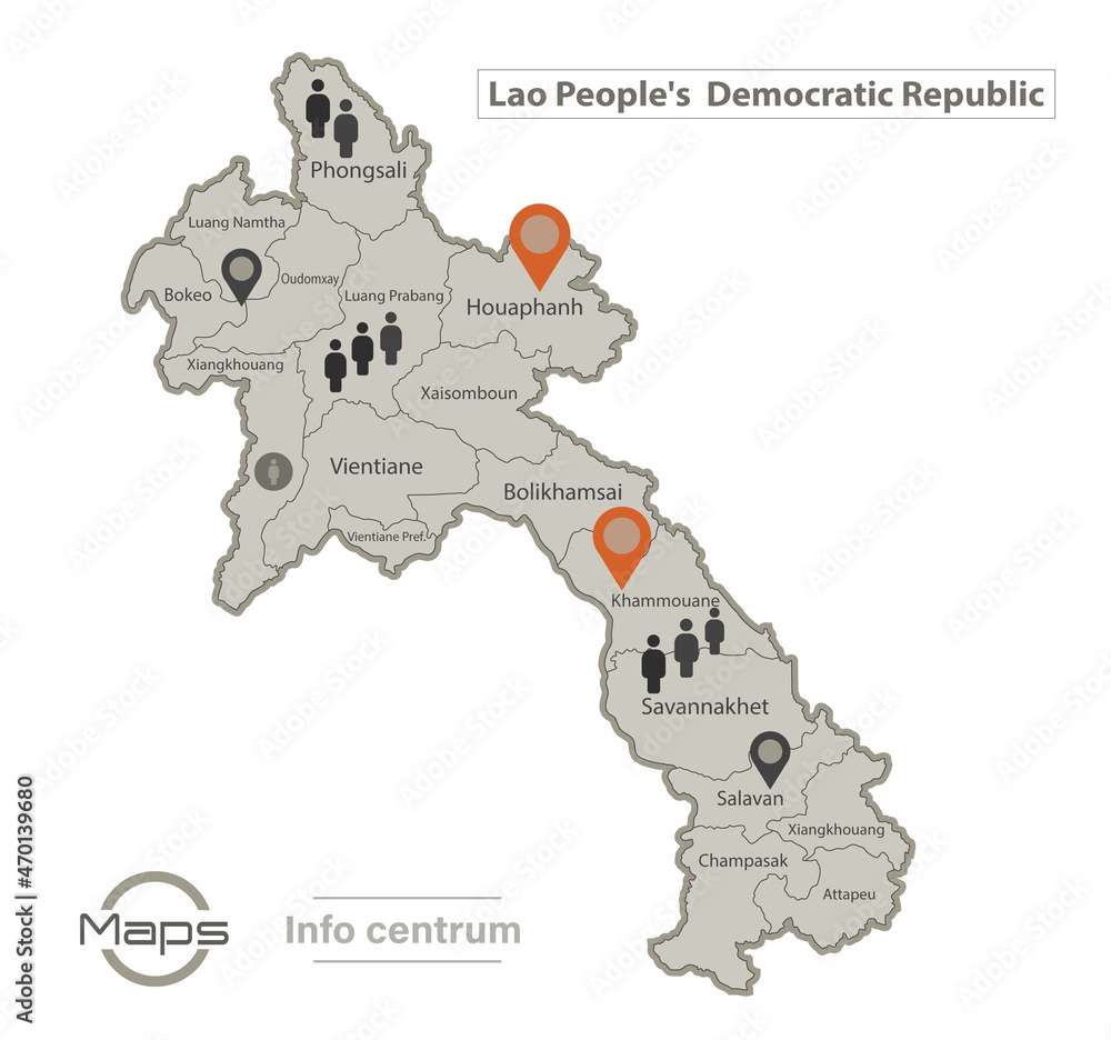 Laos map, individual regions with names, Infographics and icons vector ...