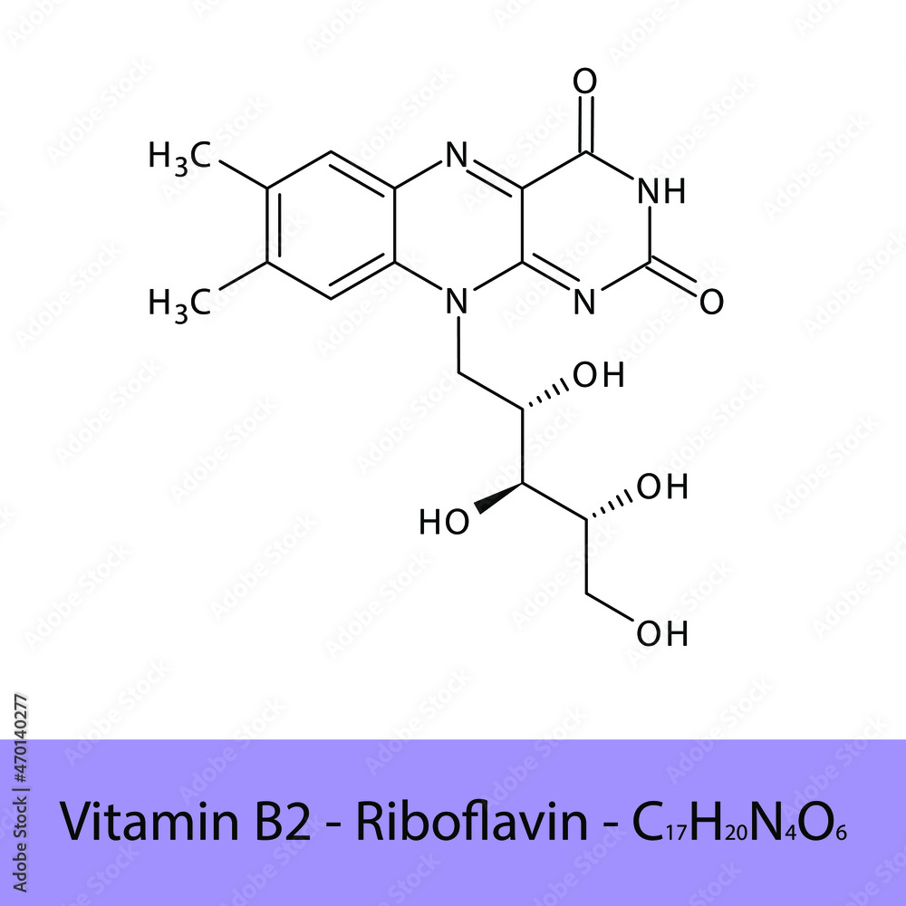 Vitamin B2 Riboflavin Skeletal structure and molecular formula. Organic ...