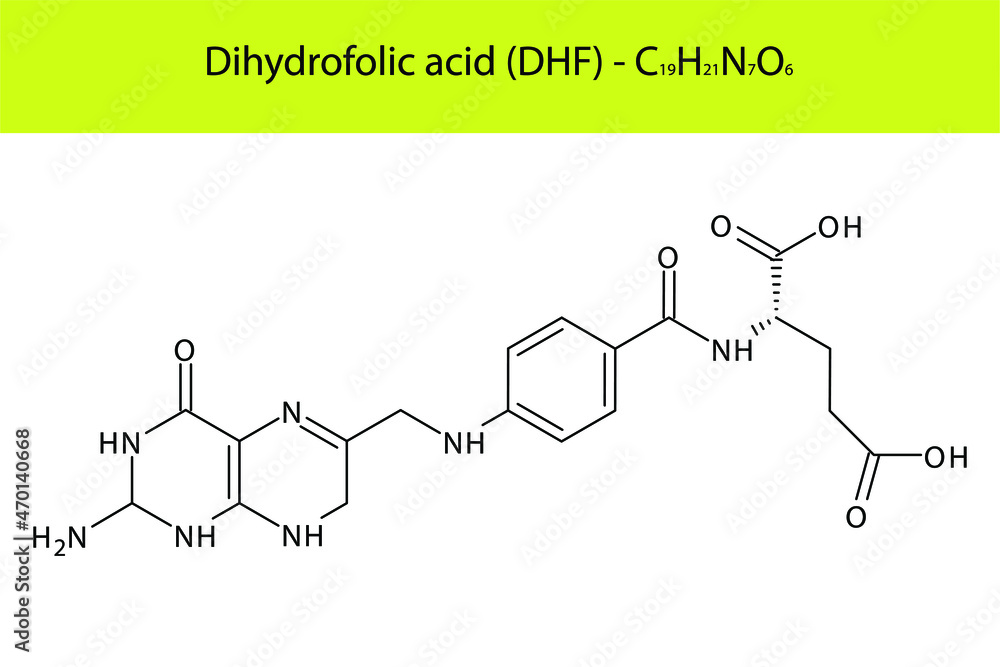Poster Vitamin B9 derivative Dihydrofolic acid - DHF Skeletal structure and molecular formula ...