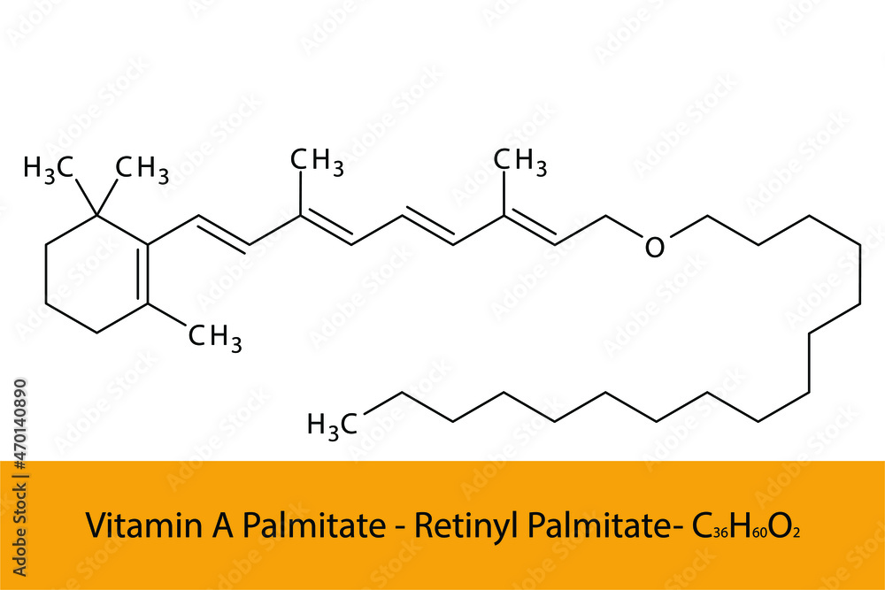 Retinyl palmitate Skeletal structure and molecular formula. Organic ...