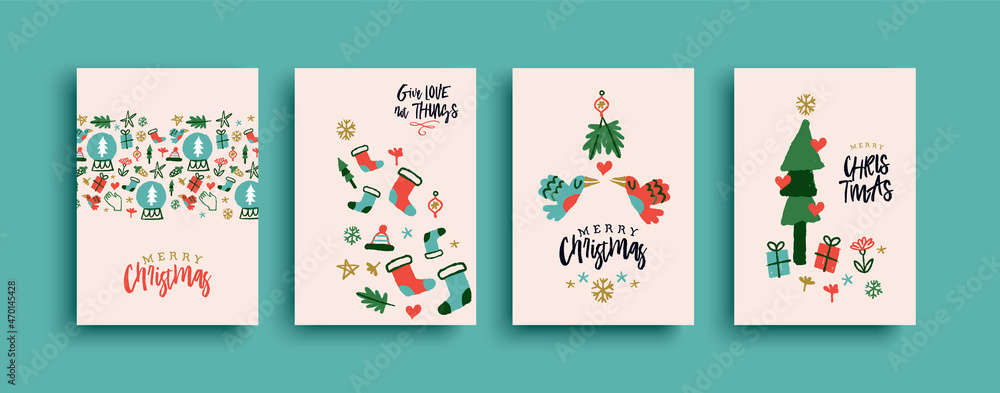 Vetor de Merry Christmas Happy New Year holiday greeting card set. Cute ...