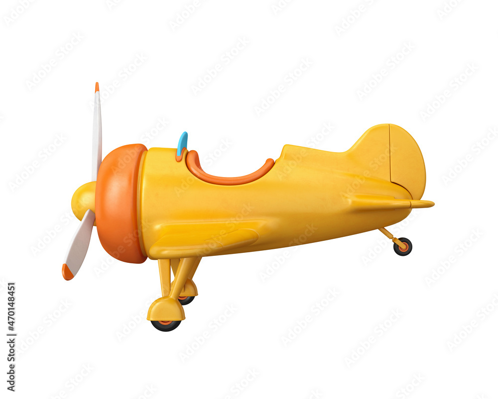 Cartoon yellow and orange airplane side view on a white background, 3D ...