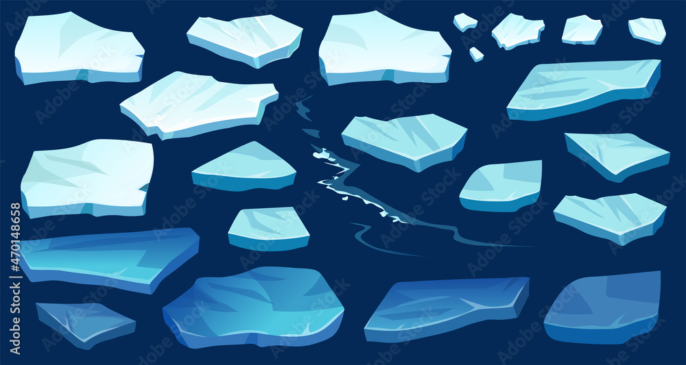 Atlantic, antarctic floes, glaciers and icebergs floating on surface ...