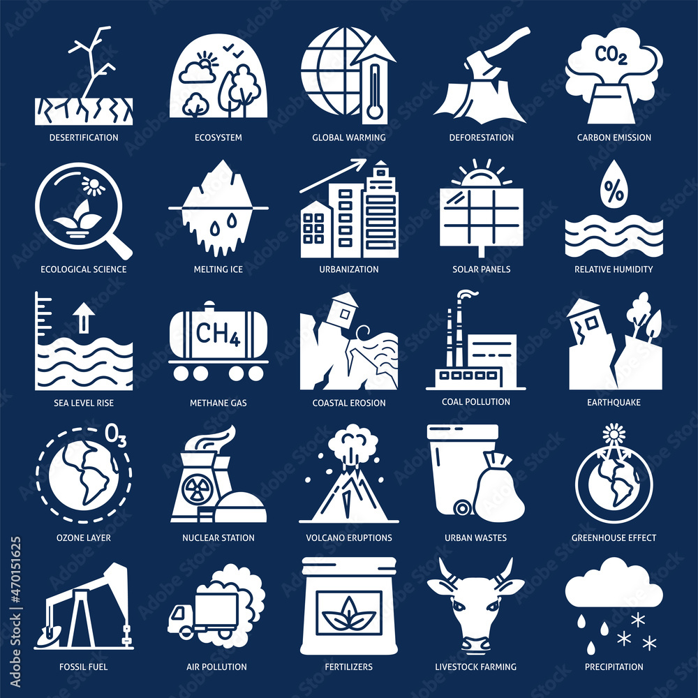 Global warming icon set in flat style Stock Vector | Adobe Stock