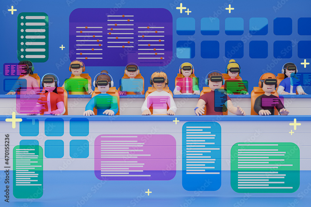 3D cartoon charecter People are meeting online in a virtual world ...