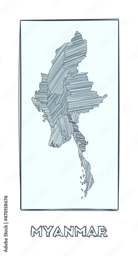 Sketch map of Myanmar. Grayscale hand drawn map of the country. Filled ...