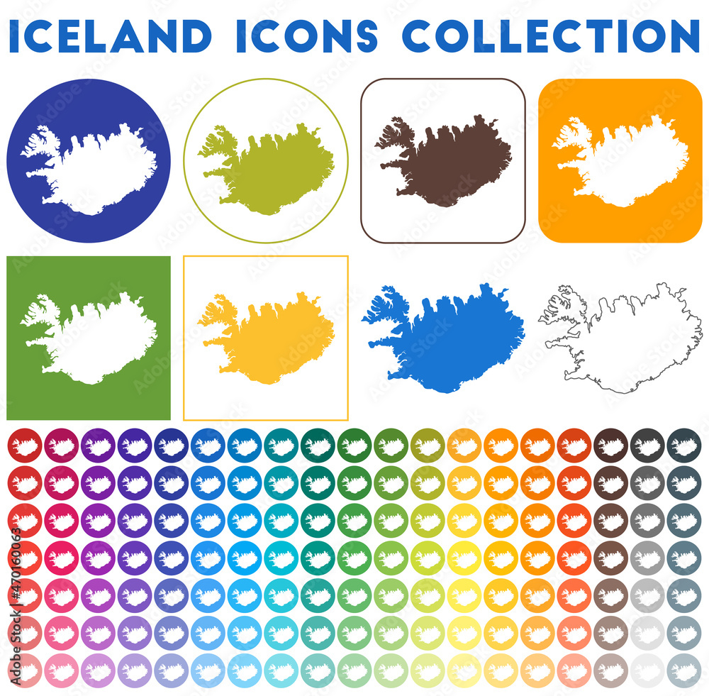Iceland icons collection. Bright colourful trendy map icons. Modern ...
