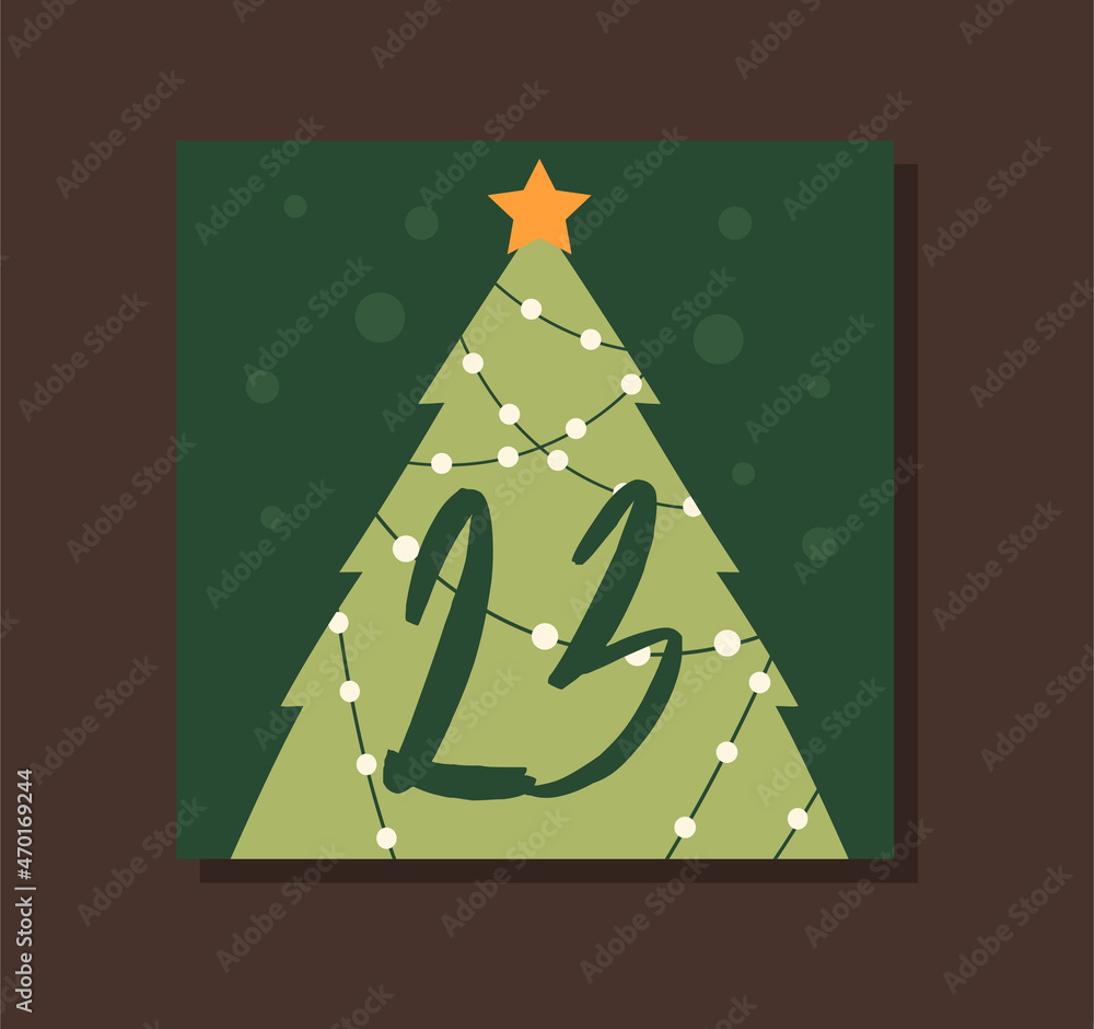 Cover for Advent calendar. Green poster with decorated Christmas tree ...