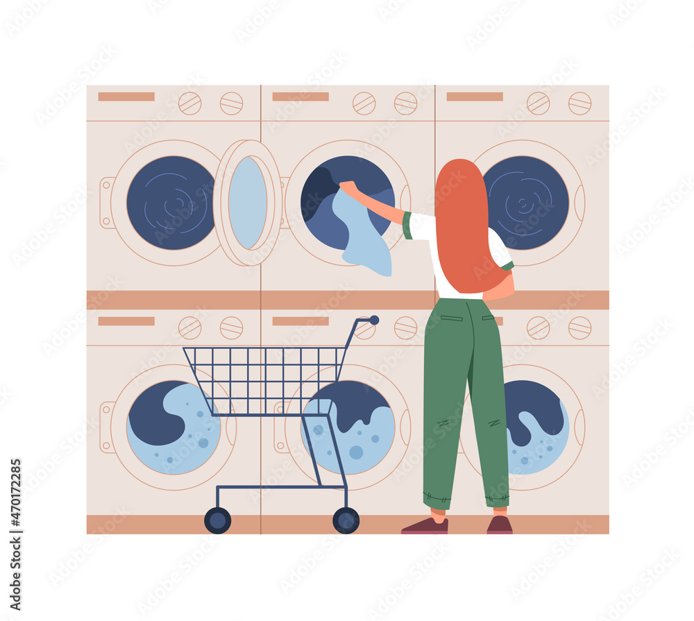 Clothing care concept. Young woman puts dirty clothes in washing ...