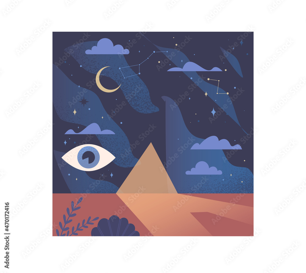 Cognitive search concept. Mysterious inner world with eyes and clouds ...