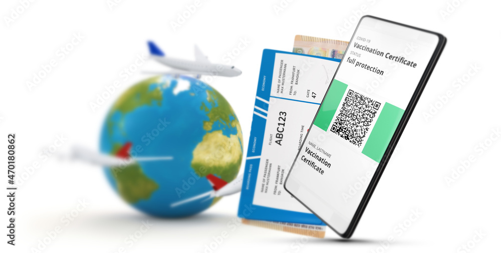 planet earth with airplanes and flight tickets and QR code sample data ...
