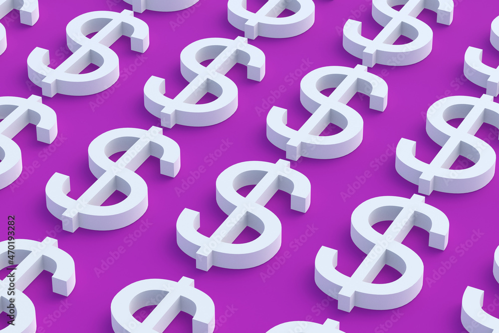 Rows of dollar sign of white color on violet color. 3d render Stock ...