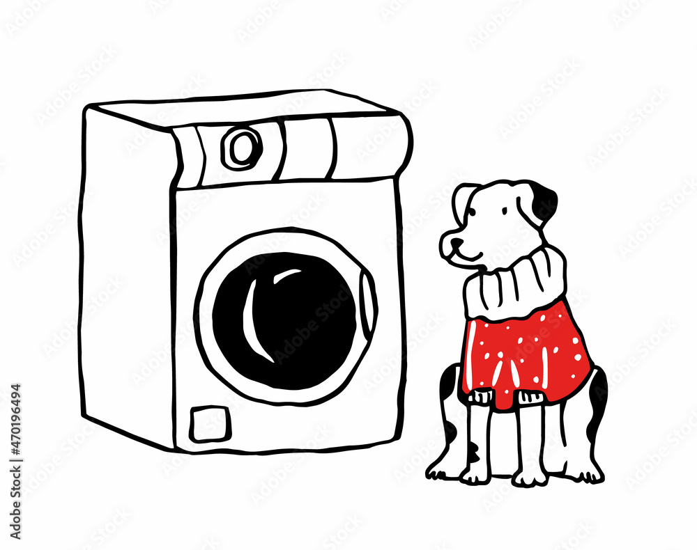 Vector linear doodle illustration with a Dog Sitting next to a Washing ...
