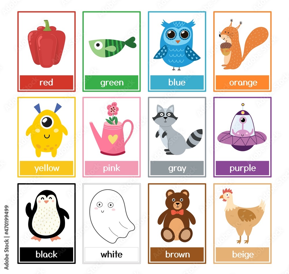 Vettoriale Stock Color flashcards collection with cute animals. Color ...