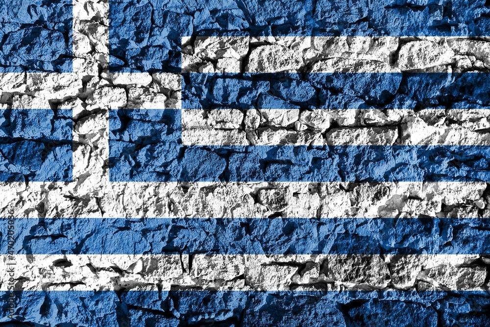 Greece flag depicted on a stone wall. The texture of the stone blends ...