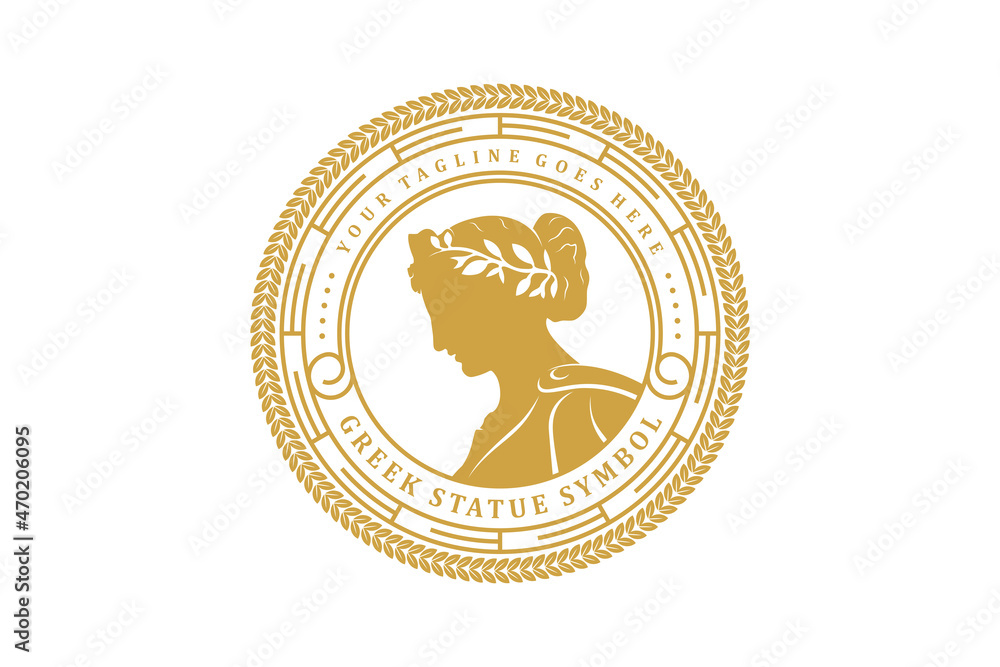 Ancient Greek Figure Coin with Laurel Wreath and Border Pattern logo ...