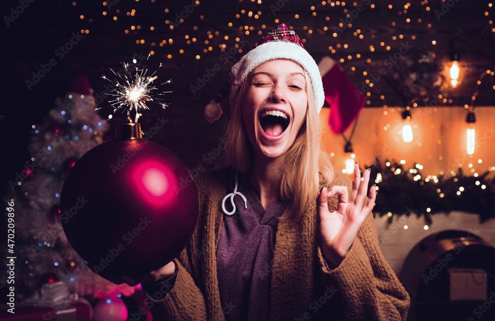 Christmas woman hold bomb. Crazy merry Christmas and Happy New Year ...