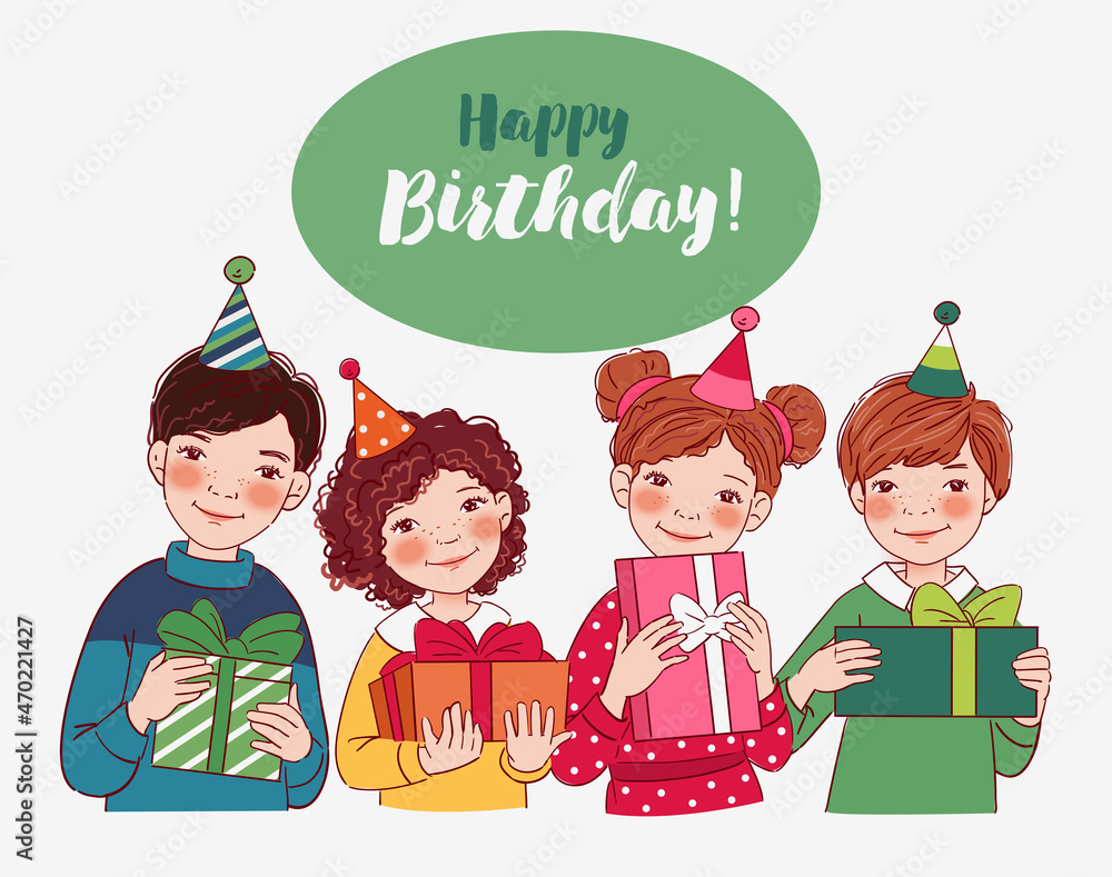Smiling kids with presents. Happy Birthday vector illustration. Cute ...
