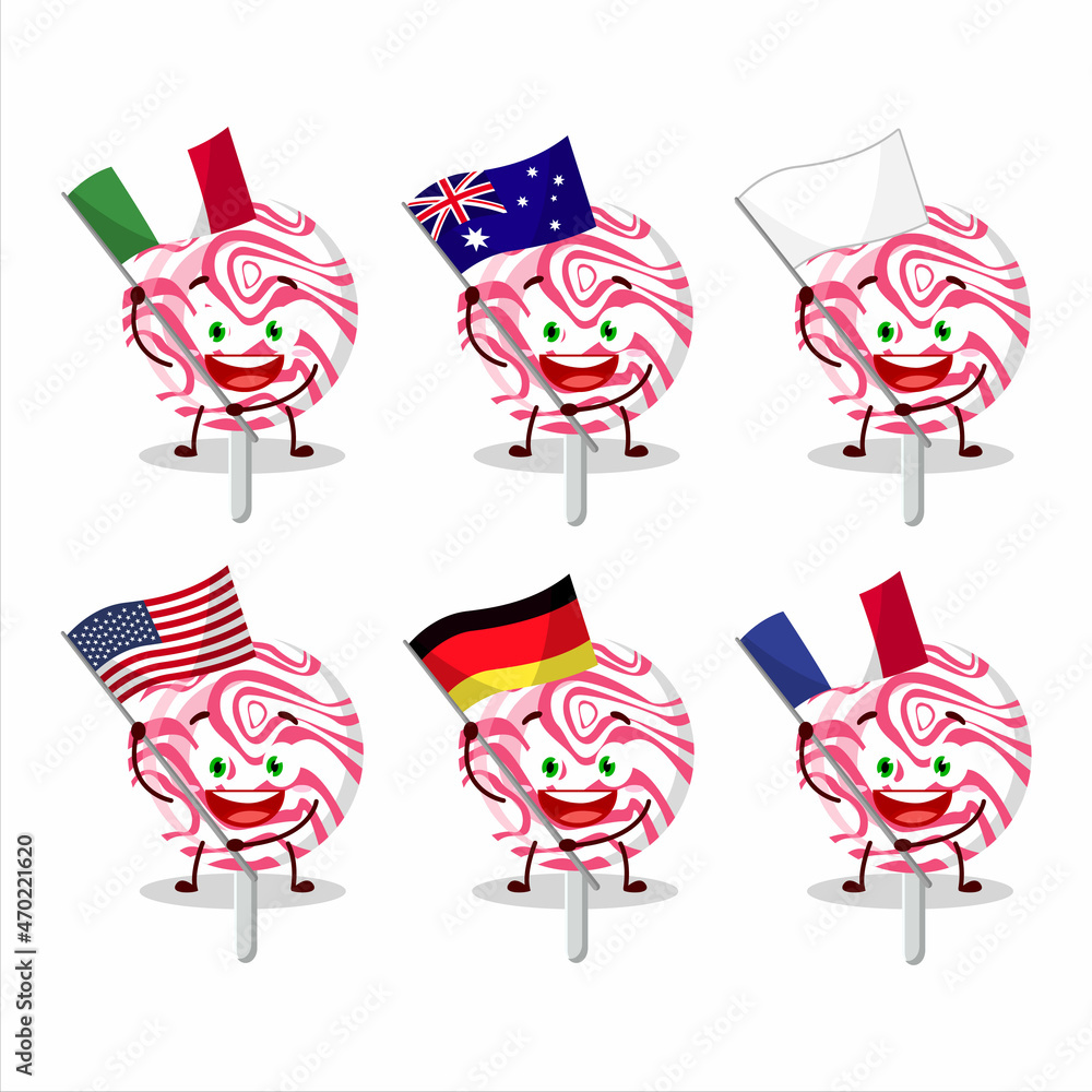 Pink swirl candy cartoon character bring the flags of various countries ...