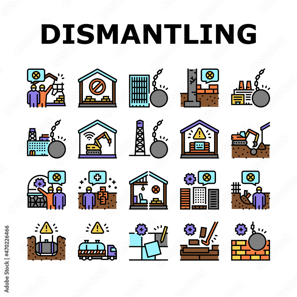 Dismantling Construction Process Icons Set Vector. Tile And Wood Floor ...