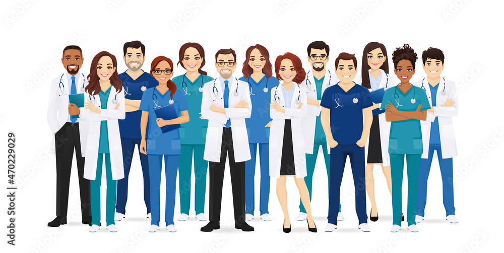 Multiethnic doctor and nurses group set isolated vector illustration ...