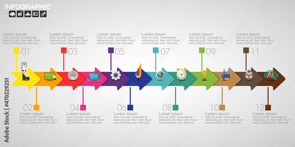 Timeline infographics design template with 12 options, process diagram ...