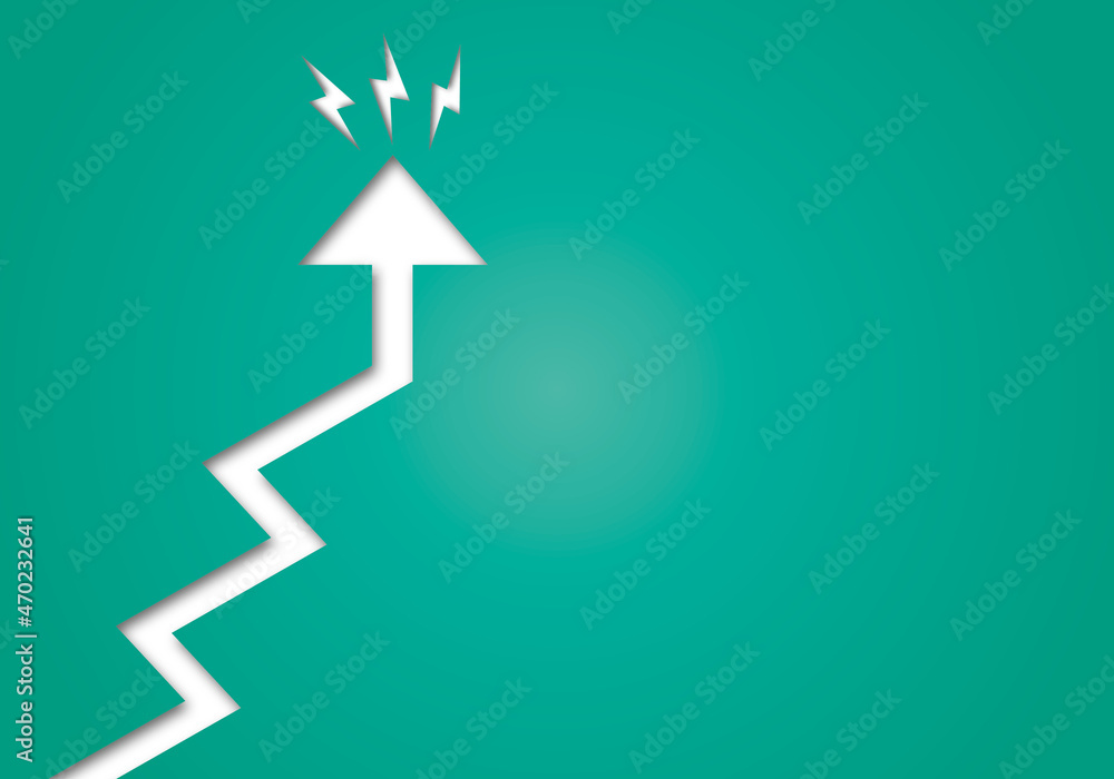 White arrow rising step up the stair with flash symbol as metaphor for ...