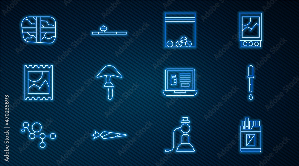 Set line Open cigarettes pack box, Pipette, Plastic bag of drug ...