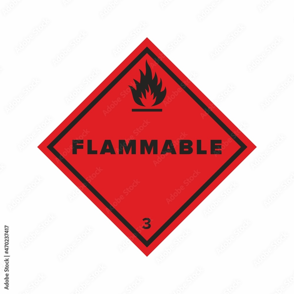Flammable liquid sign. Flame image. Hazard class 3 (liquid). Red raster ...