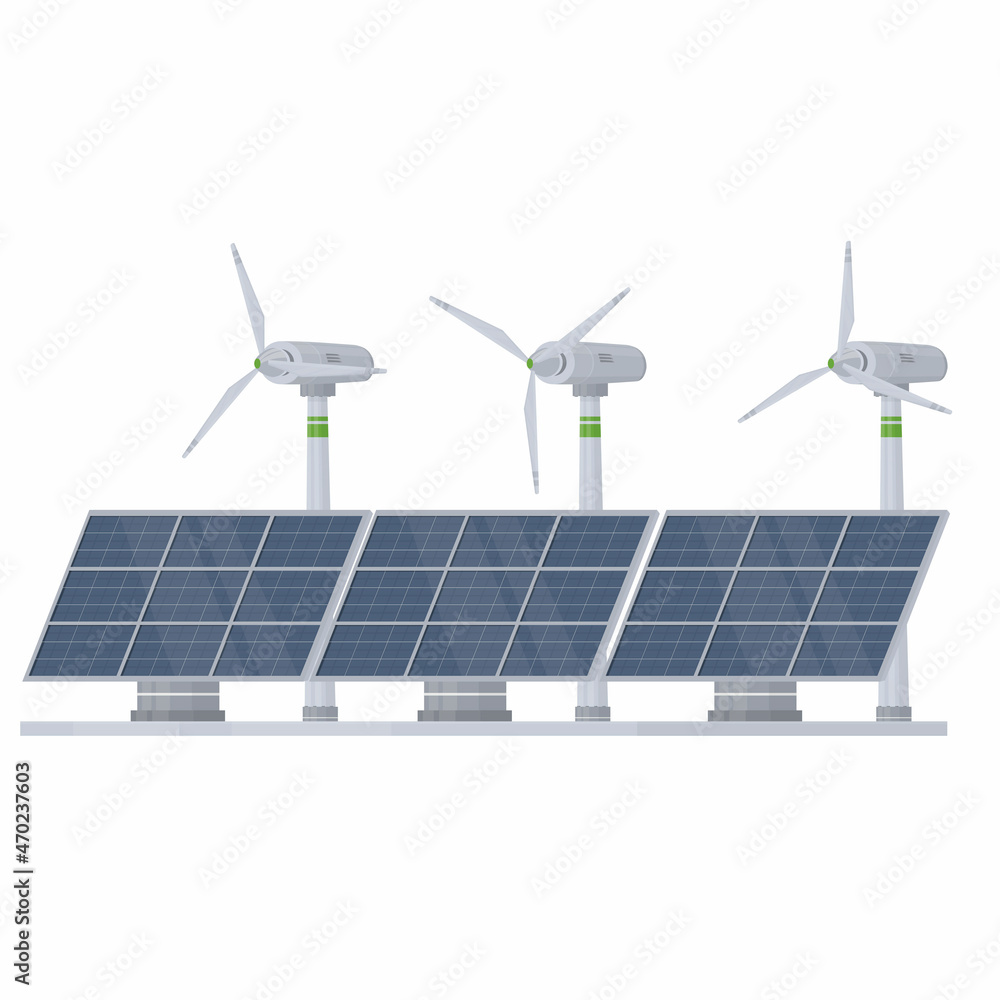 Clean energy. Wind turbine and solar panel, vector illustration Stock ...